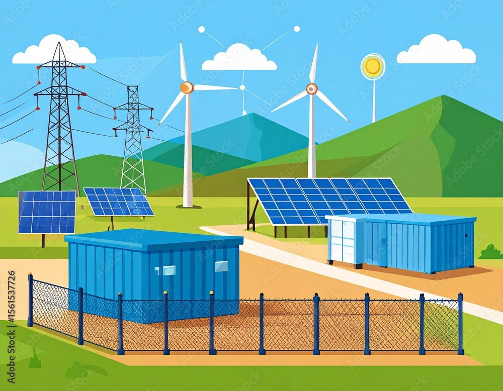 vector illustration of a utility-scale BESS site layout with multiple ...