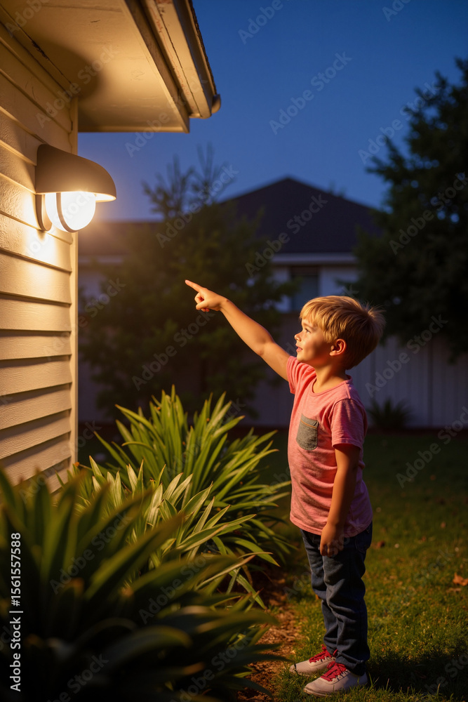 Little boy pointing at light in backyard, showcasing outdoor ...