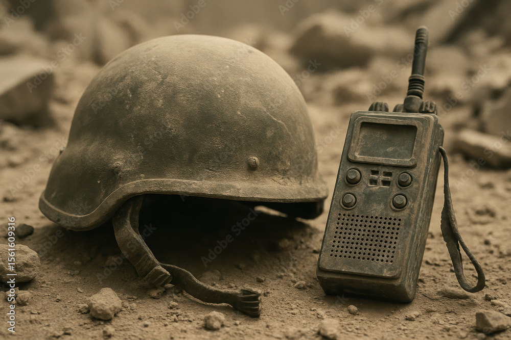 Military helmet and portable radio lying on dusty ground in a ...