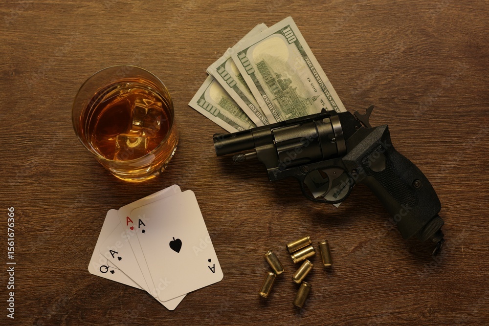 Mafia and criminal world. Gun, bullets, money, whiskey and playing ...