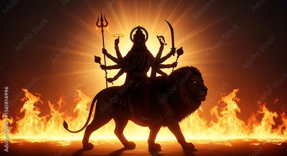 Silhouette of Goddess Durga on Lion .Goddess Durga Riding Lion ,Hindu ...