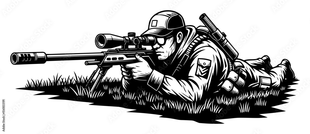 black and white vector of sniper aiming rifle while lying prone in ...