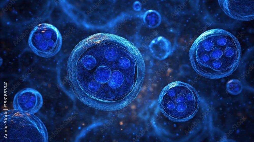Microscopic view of glowing blue cells dividing and multiplying in a ...