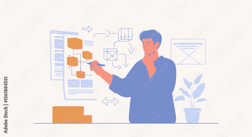 Man Creating Business Flowchart For Data Visualization In Office ...