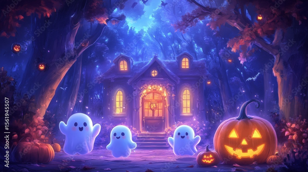 Ilustrace Cute cartoon ghosts and pumpkins in front of a spooky haunted ...