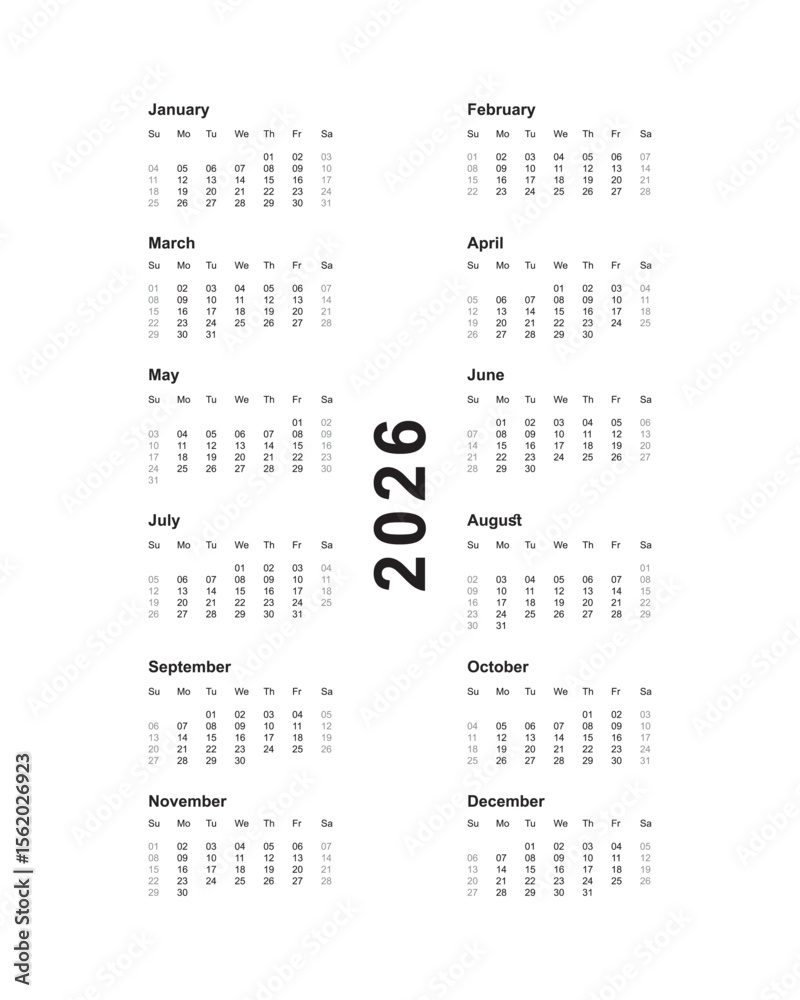 Annual calendar 2026 template. Calendar design in black and white ...