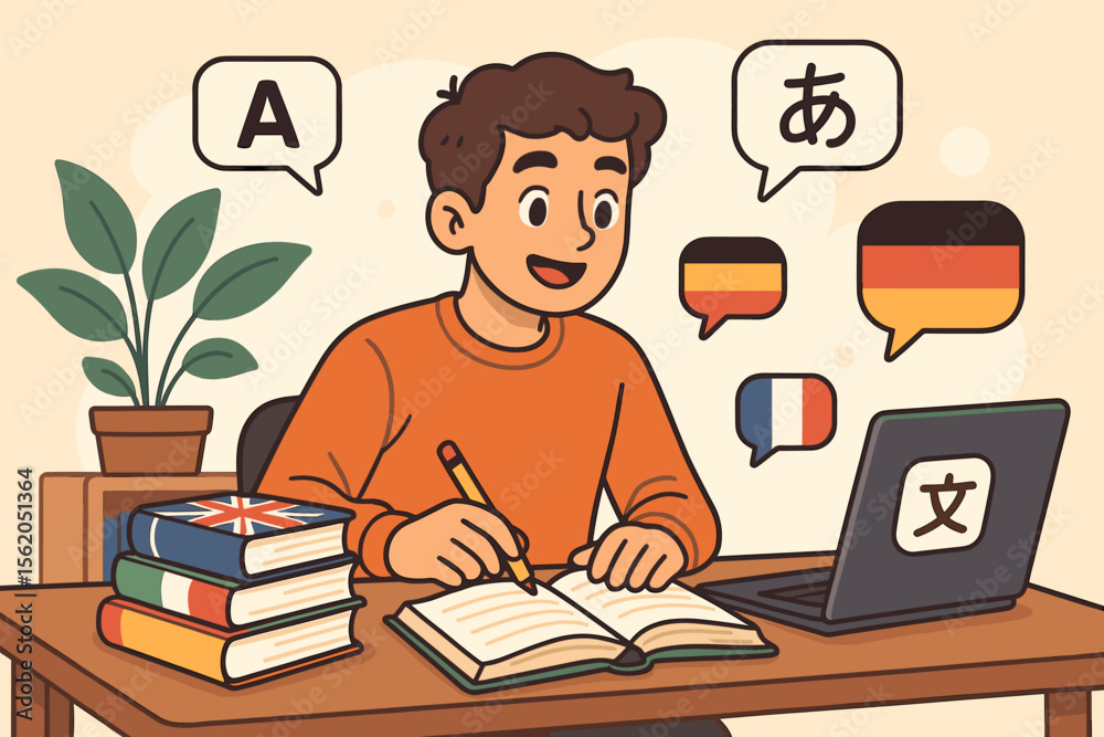 Young man learning multiple languages with books and laptop, language ...