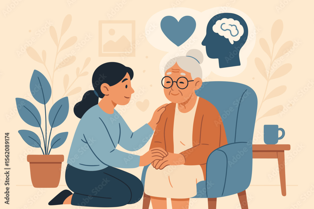 Elderly care support mental health concept. Young woman comforting ...