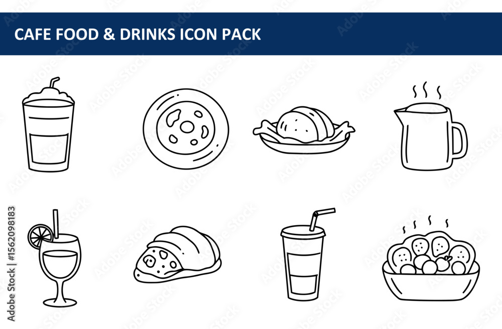 Cafe food and drinks icons set in a flat, line-art style, depicting ...