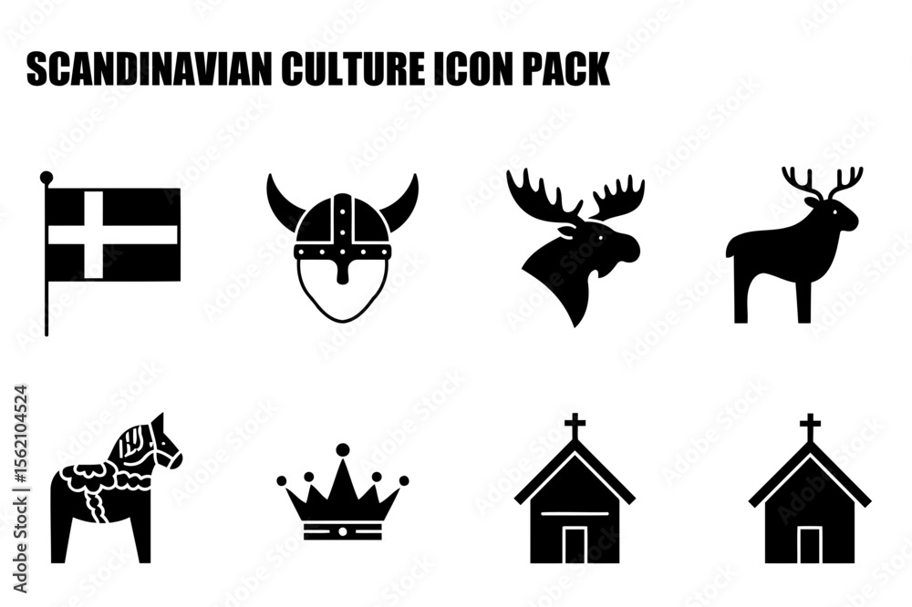 Scandinavian cultural icons in flat design style. Collection of black ...