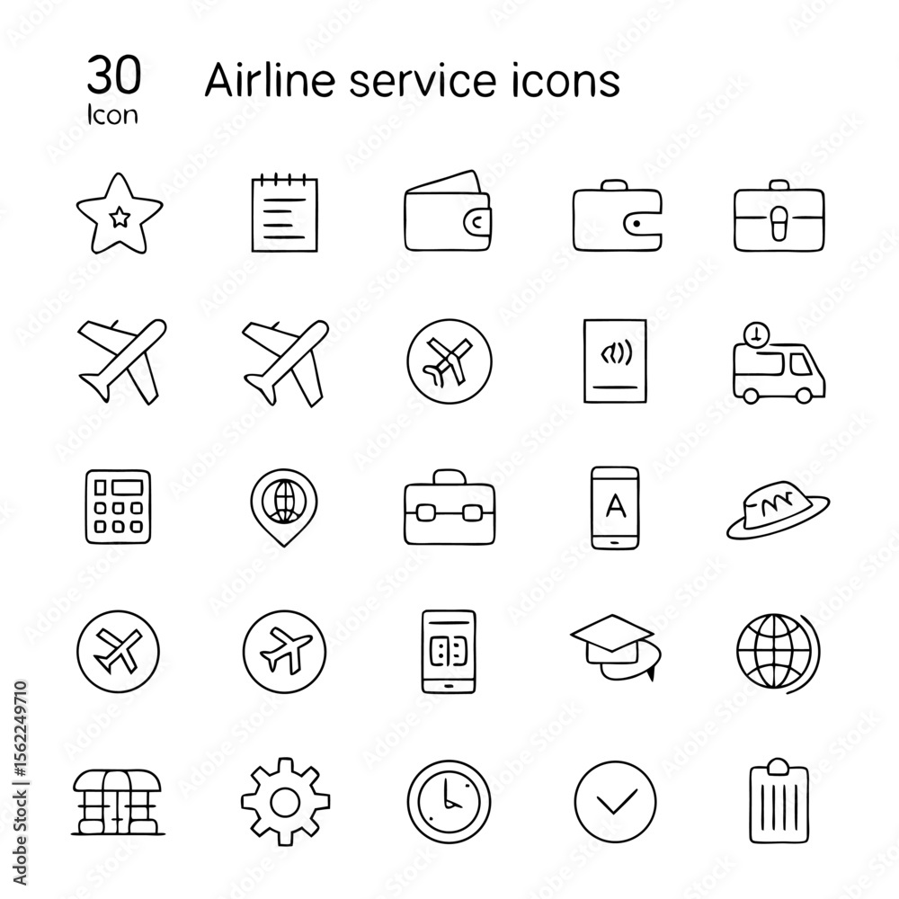 Collection of airline service icons featuring travel related symbols ...