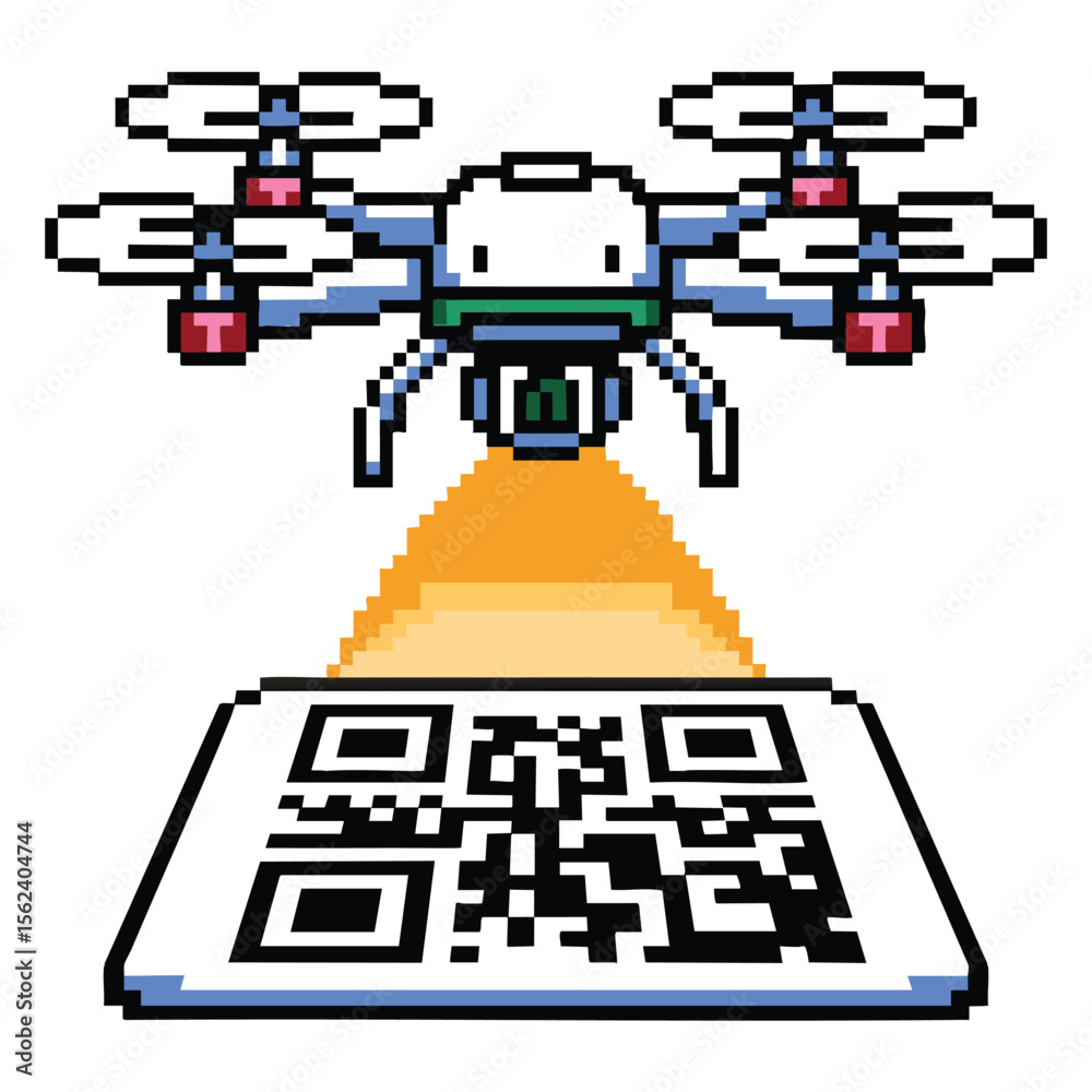 Стоковое векторное изображение «Pixel art drone scanning a qr code with ...