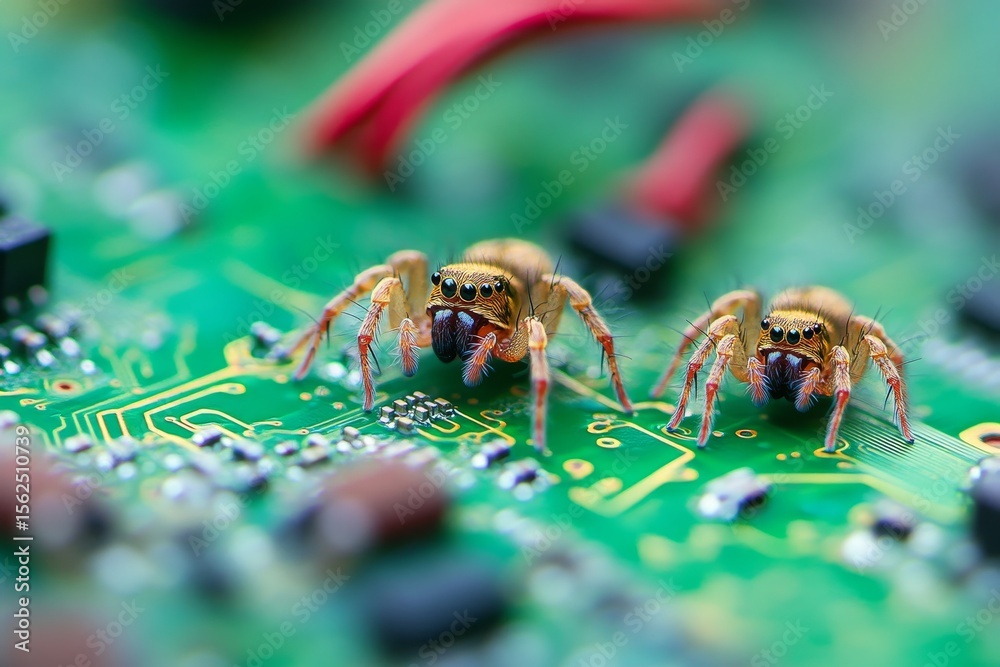 The old computer, with large spiders on its motherboard, is completely ...