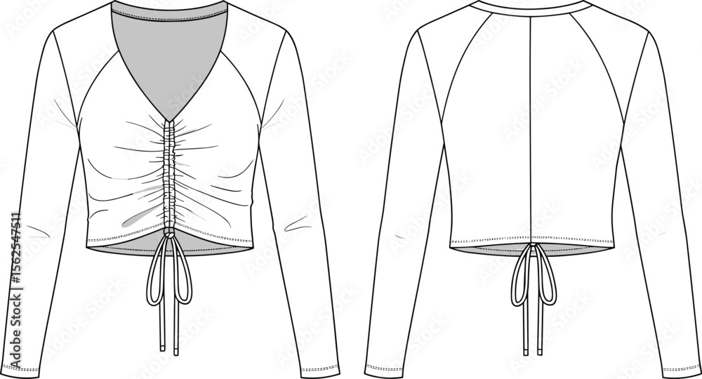 Ruched cropped top cad drawing flat vector illustration, V-neckline ...