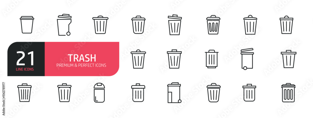 Set of line icons related to waste basket, trash can, recycle bin ...