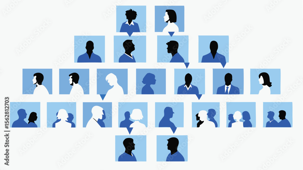 Organization chart showing hierarchy of people in blue and white color ...