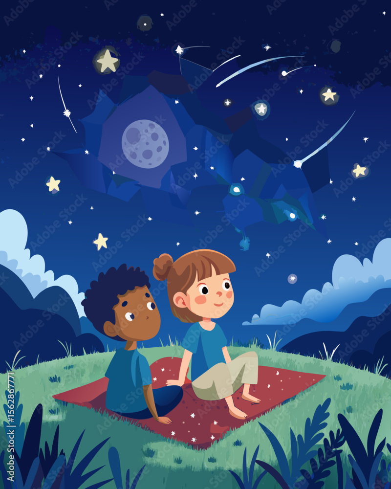 Children stargazing under the night sky with stars, moon, and shooting ...