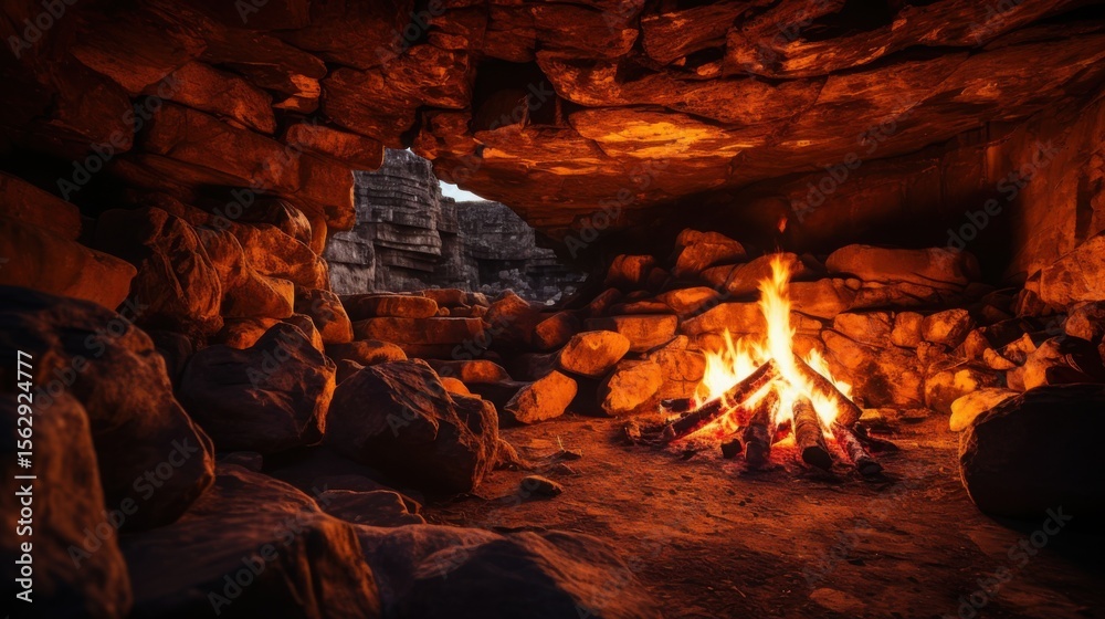 Underground tunnel campfire illuminates ancient stone walls, revealing ...