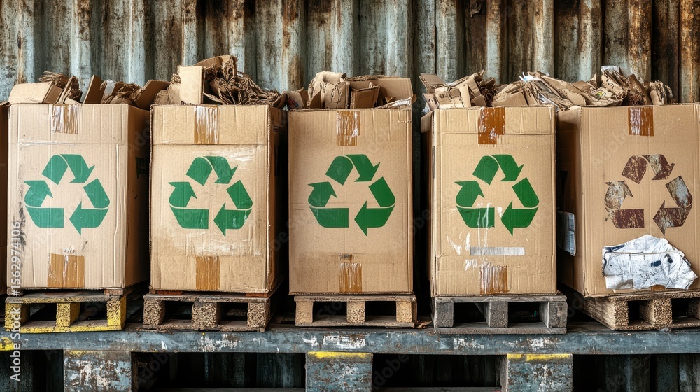 Four cardboard boxes filled with recyclable paper waste, marked with ...