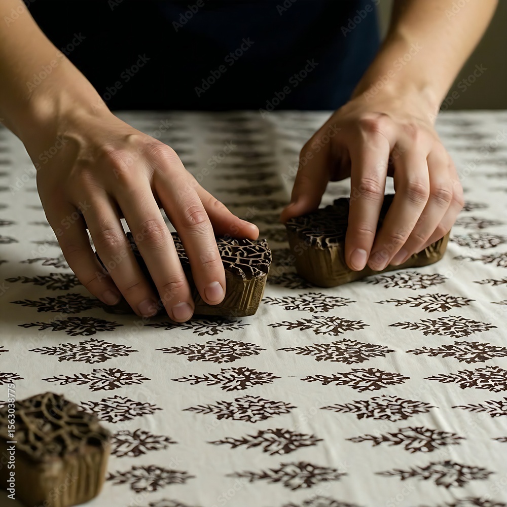 hands pressing a wooden block onto fabric, transferring a detailed ...