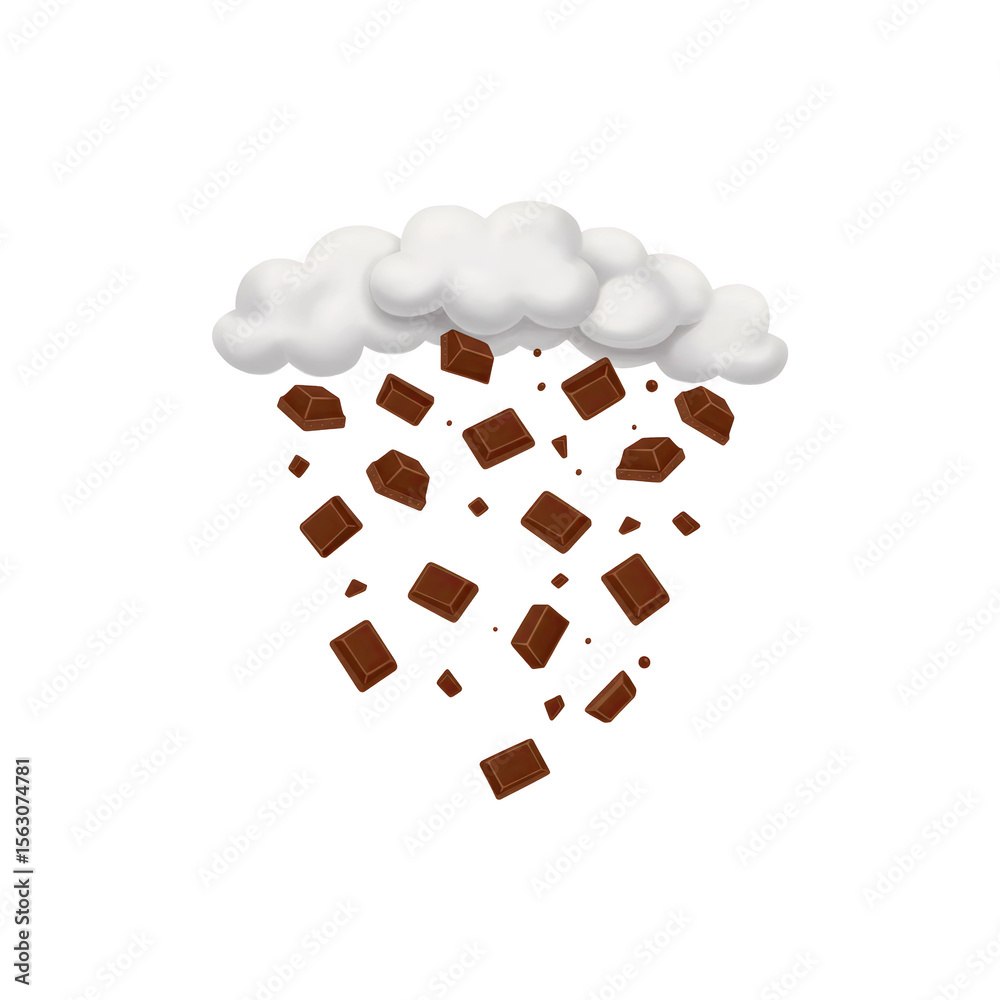 Chocolate rain drops falling from white fluffy cloud representing ...