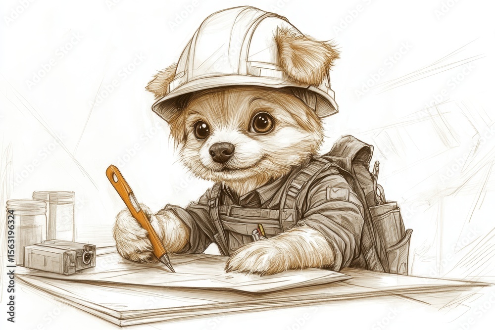 Cute dog in a hard hat working on a construction project with a pencil ...