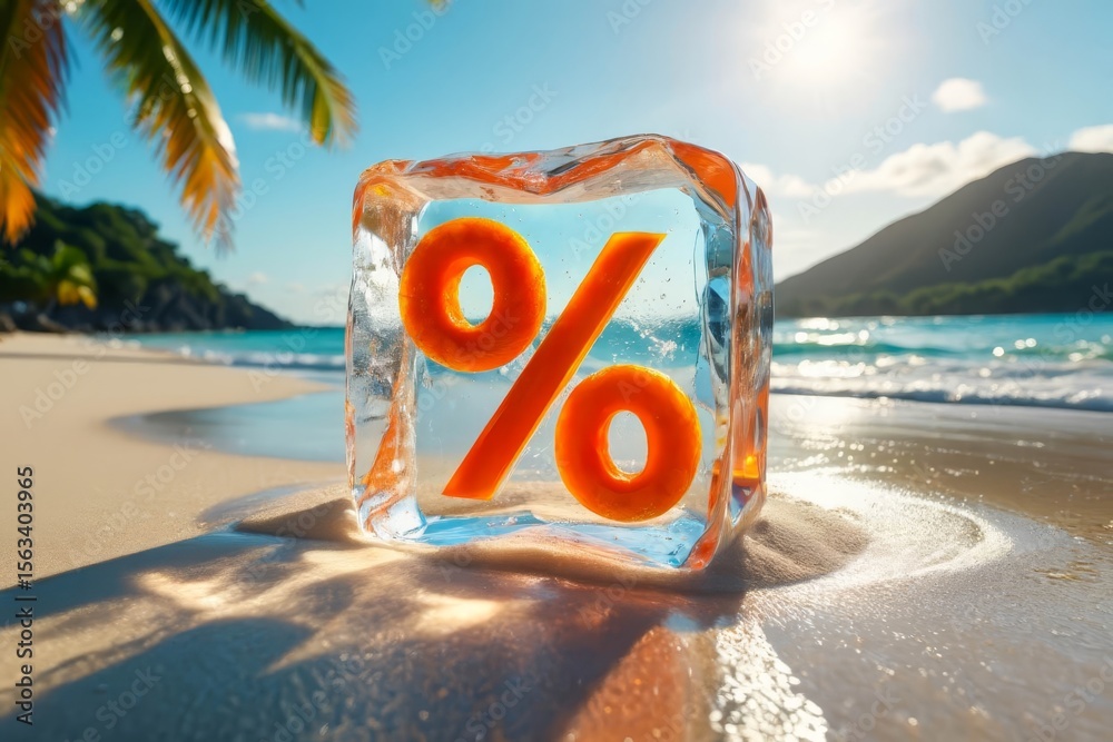 Neon glowing gold percentage sign in ice cube on seashore with tropical ...