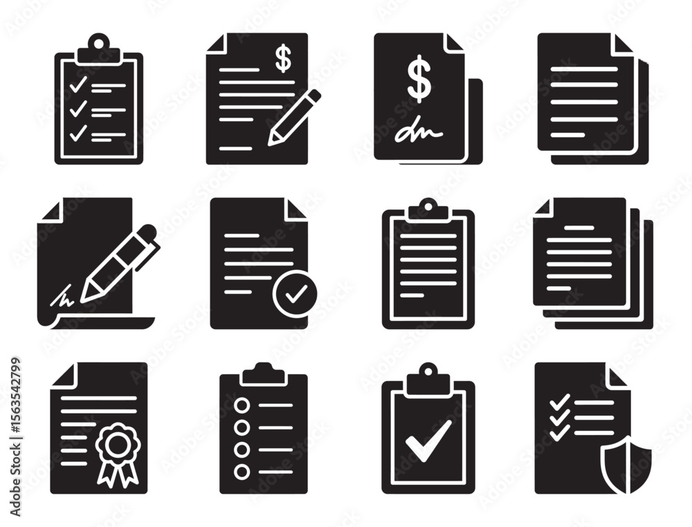 Stock-Vektorgrafik „Document management and paperwork glyph icon set ...