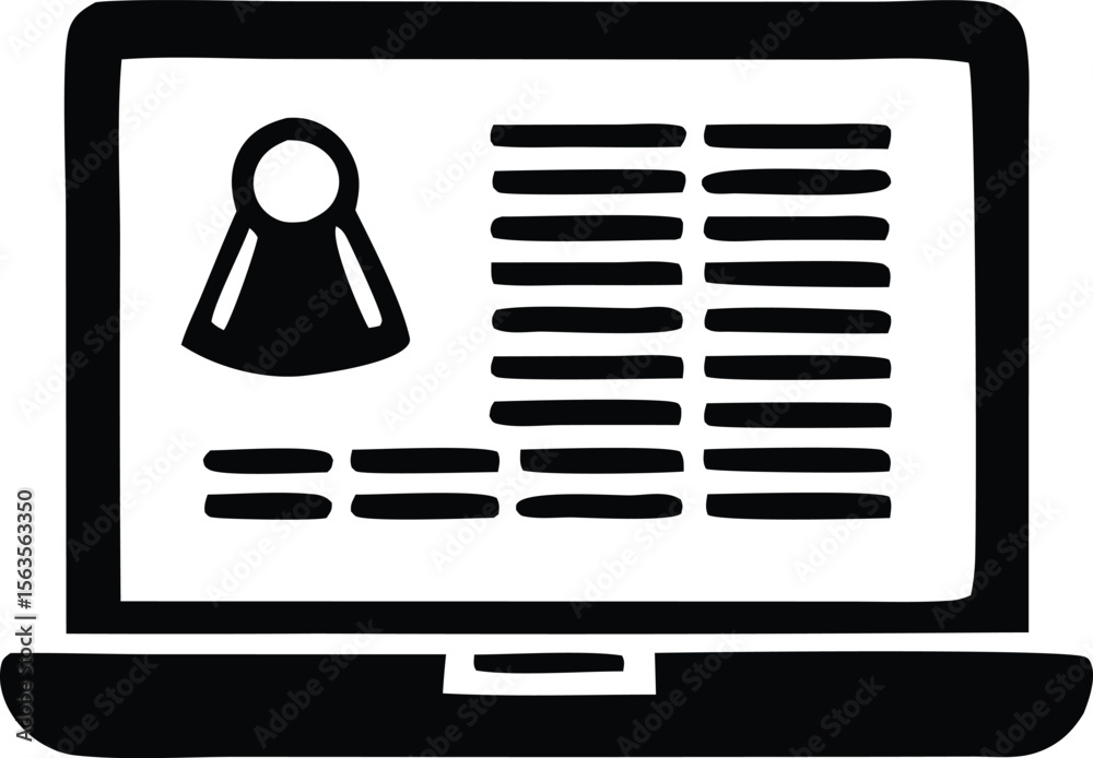 Stylized black and white icon of a laptop displaying a user profile ...