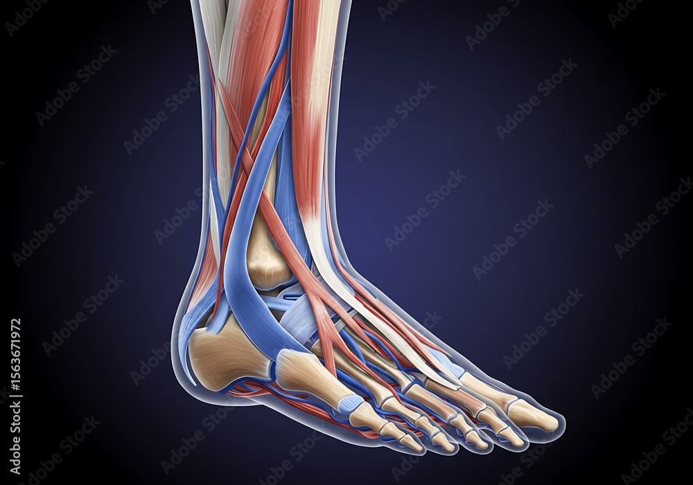 Anatomy of a human foot showing bones, muscles, and blood vessels Stock ...