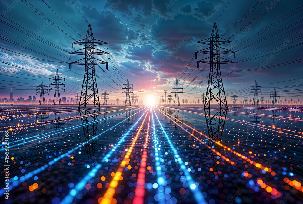 Futuristic energy grid. Power pylons and a smart grid with flowing ...