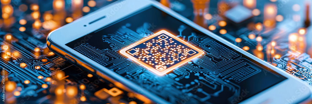 Smartphone displaying glowing QR code on digital circuit board ...