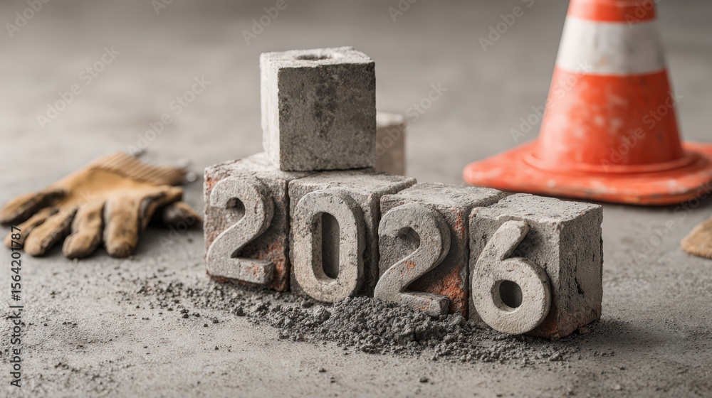 Construction-themed mockup for New Year 2026 featuring concrete blocks ...