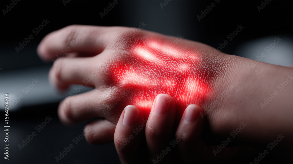 Soft red laser illuminating hand skin to visualize pain hotspots and ...