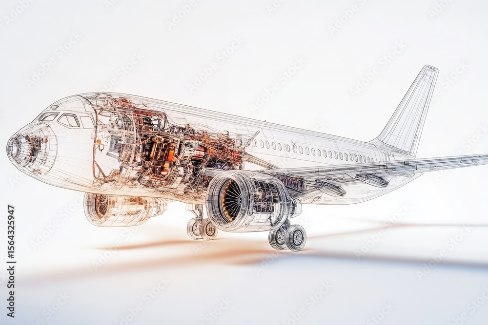 Transparent X-ray view of airplane's internal structure, showcasing ...