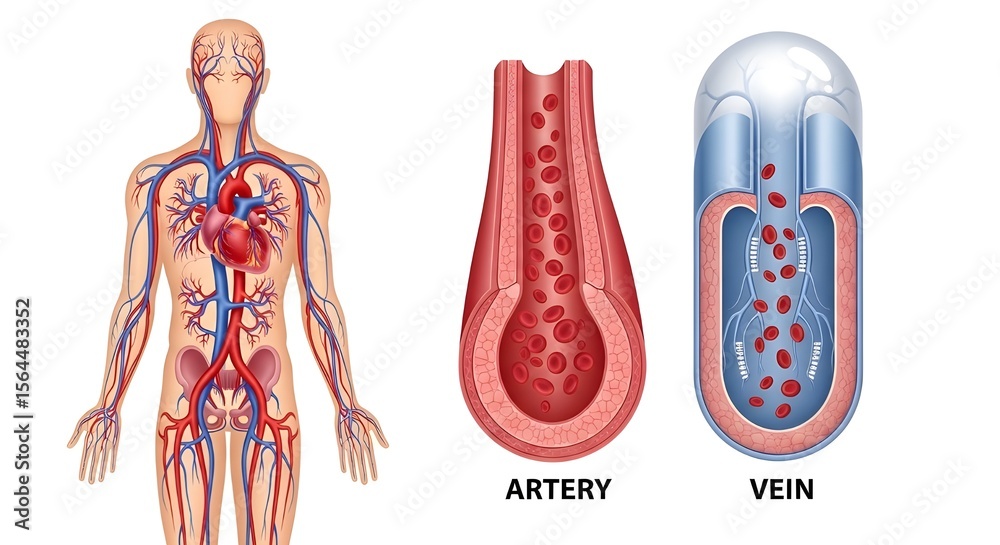 Human circulatory system anatomy with artery vein cross-section medical ...