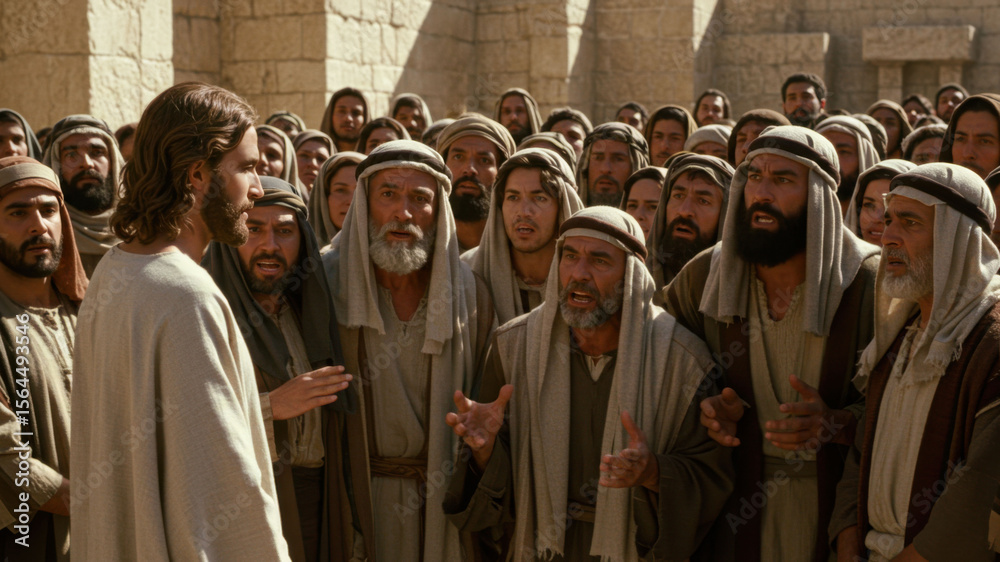 Jesus christ preaching to a crowd of men and women. Bible story about ...