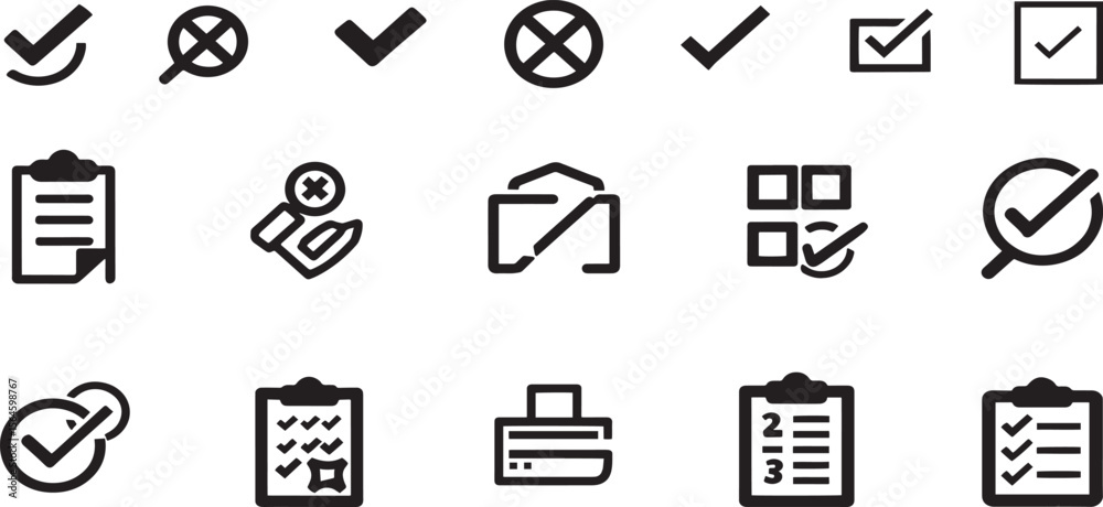 Checklist vector icon set, checkmarks, cross symbols, and clipboard ...