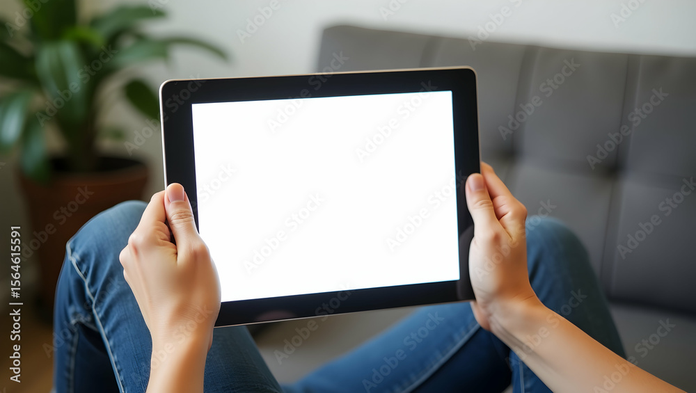 Foto de Stock Blank white screen Tablet held horizontally by both hands ...