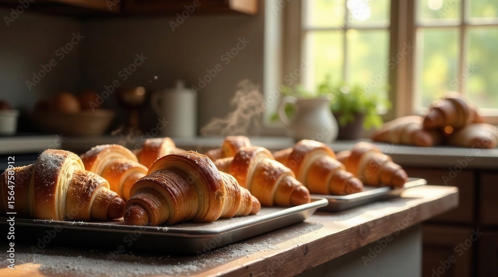 Warm golden croissants on baking sheets, freshly baked pastry delights ...