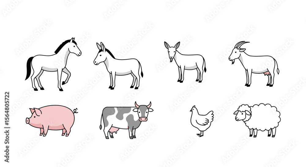 Vector farm animals clip art vector illustration featuring horse donkey ...