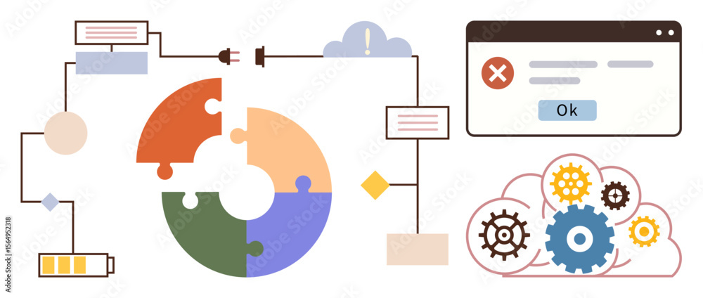 Stock-Vektorgrafik „Flowchart with gears, pie chart, and plug icons ...