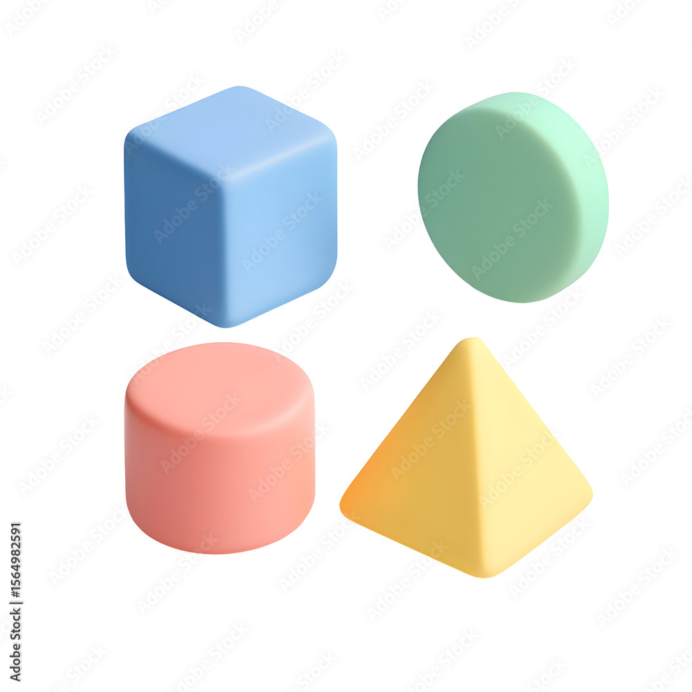 Geometric 3D shapes, cube, circle, cylinder, pyramid, isolated, math ...