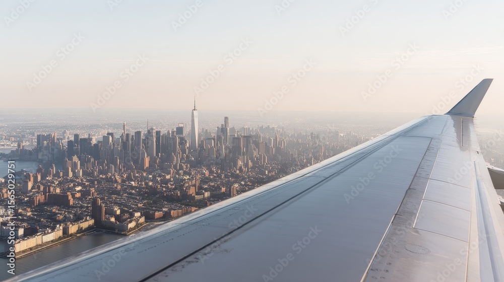 Commercial passenger airplane wing flying above Manhattan cityscape in ...