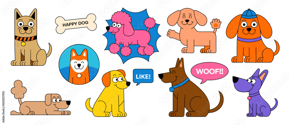 Cartoon dogs set illustration. Collection of different dog breeds and ...