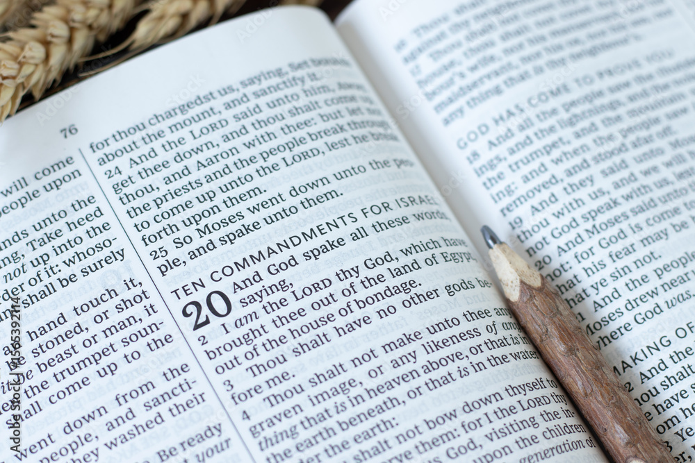 Ten commandments text in open holy bible book. Close-up. Christian ...
