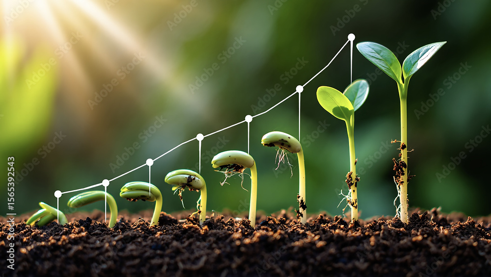Growth stages of a plant seedling emerging from soil with an ascending ...