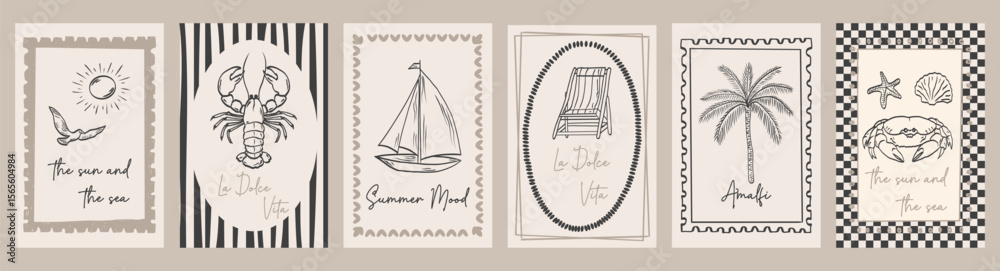 Hand draw Italian summer vacation posters. Vector ink sketch. Italian ...