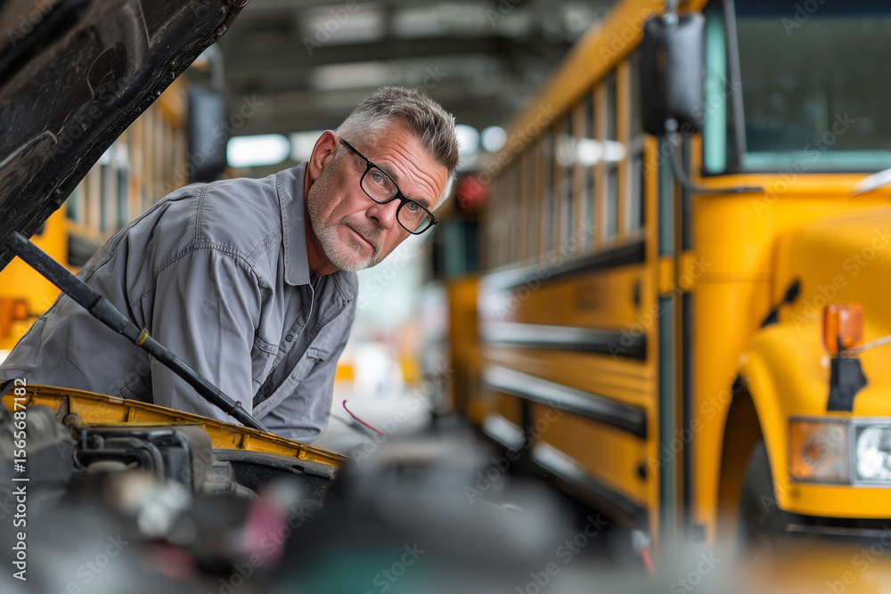 Mechanic Inspecting School Bus Engine For Routine Maintenance Stock