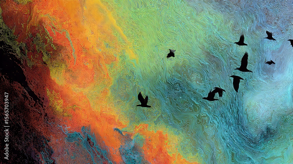 Soaring birds flee a scorching landmass with an overlaid digital heat ...